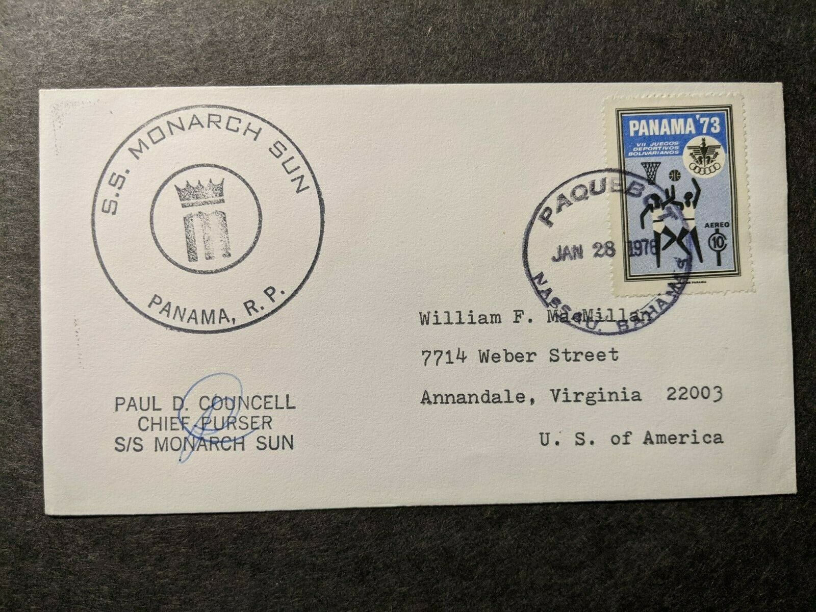 Ship SS MONARCH SUN Naval Cover 1976 PAQUEBOT Signed by Purser NASSAU ...