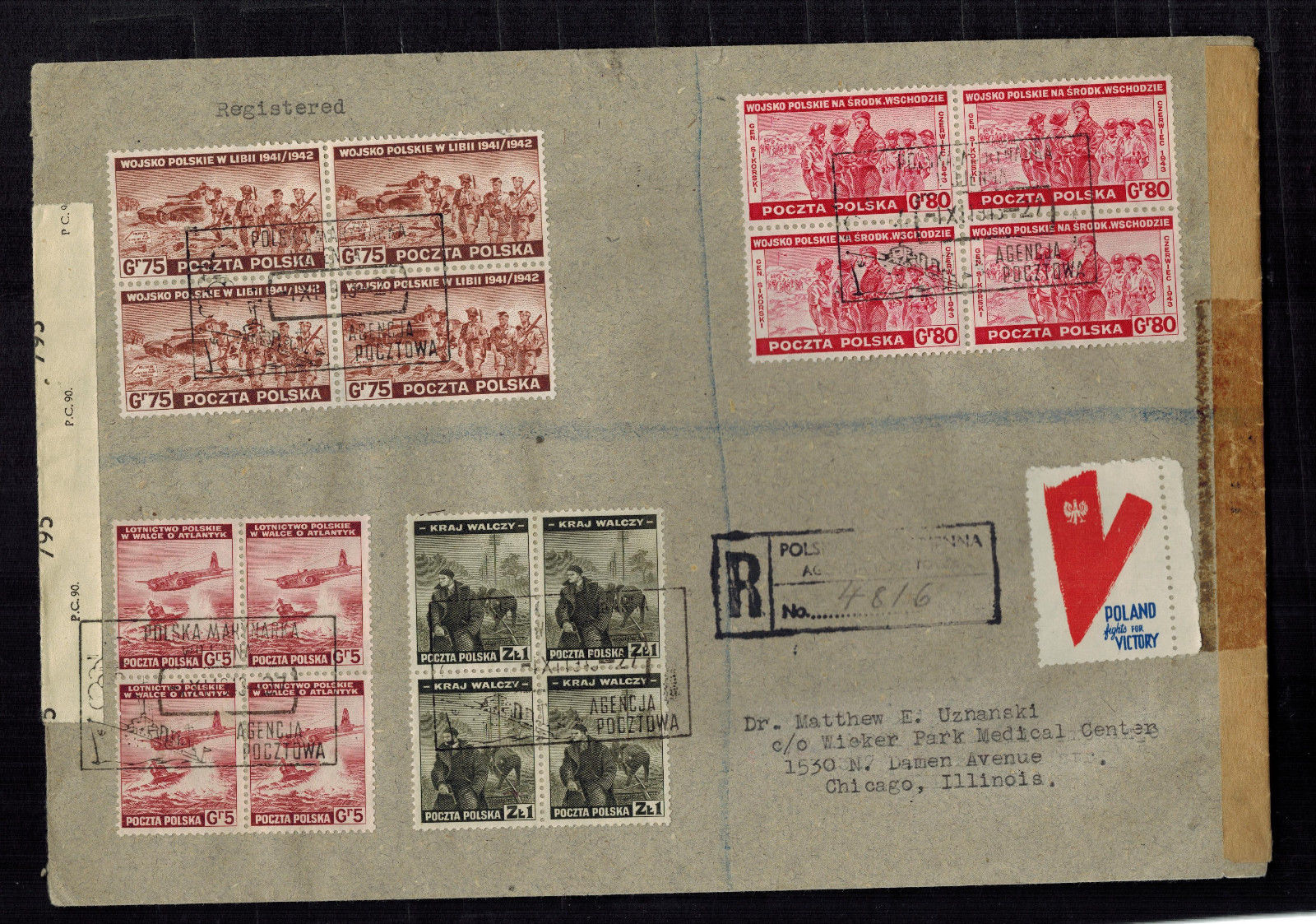 1943 Poland Free Government in Exile to USA Cover Blocks of 4 w label ...