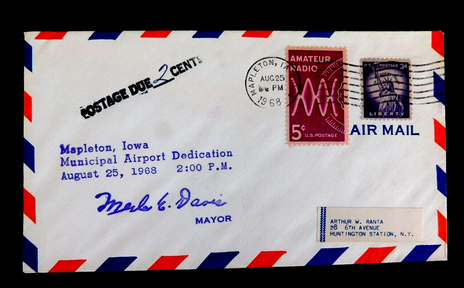 #AP-118 Airport Dedication Mapleton, IA Municipal, 1968, Mayor's stamp ...