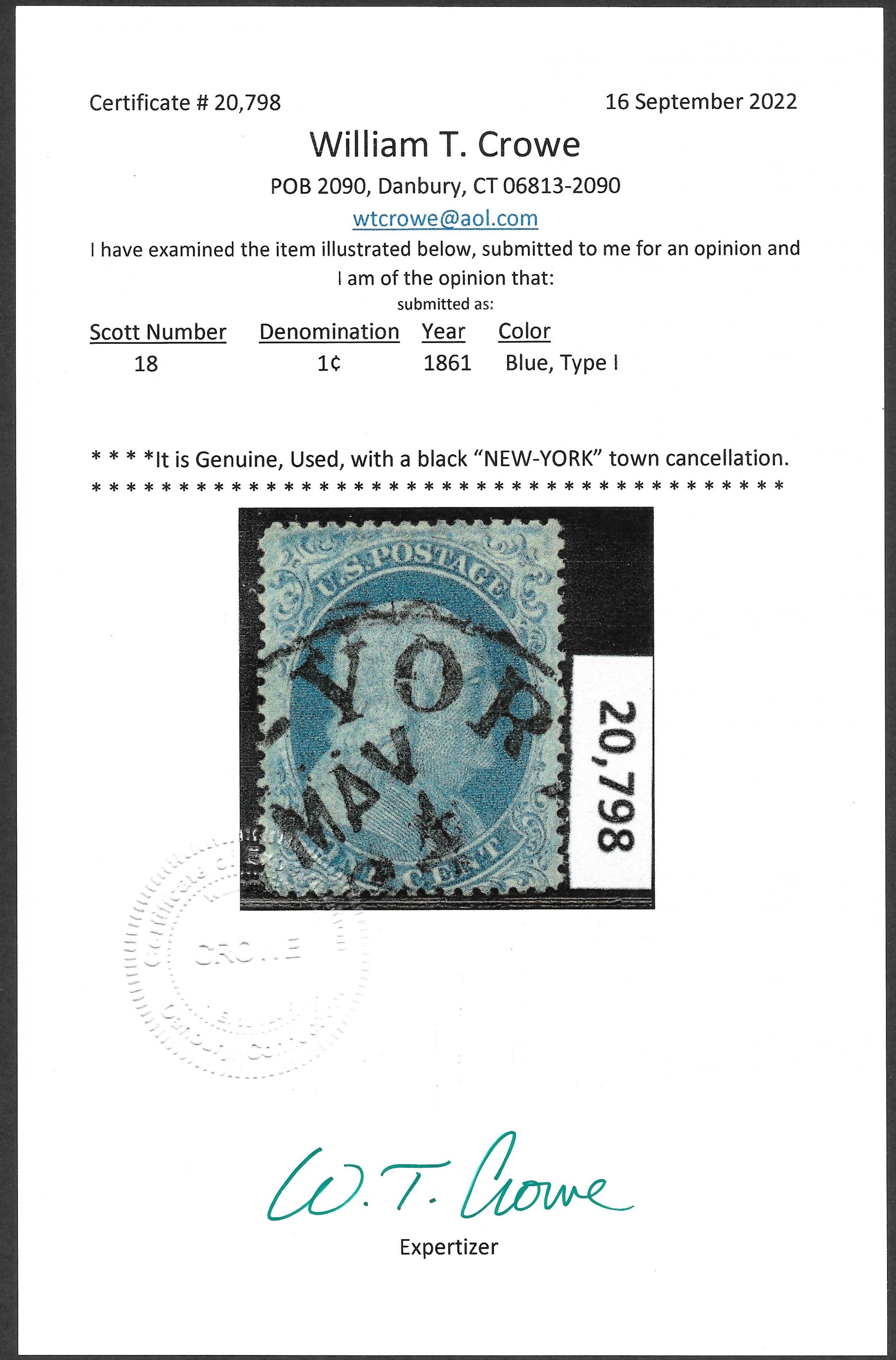 1861 VF+ 1c Franklin Scott #18 (Crowe Cert) | United States, General ...