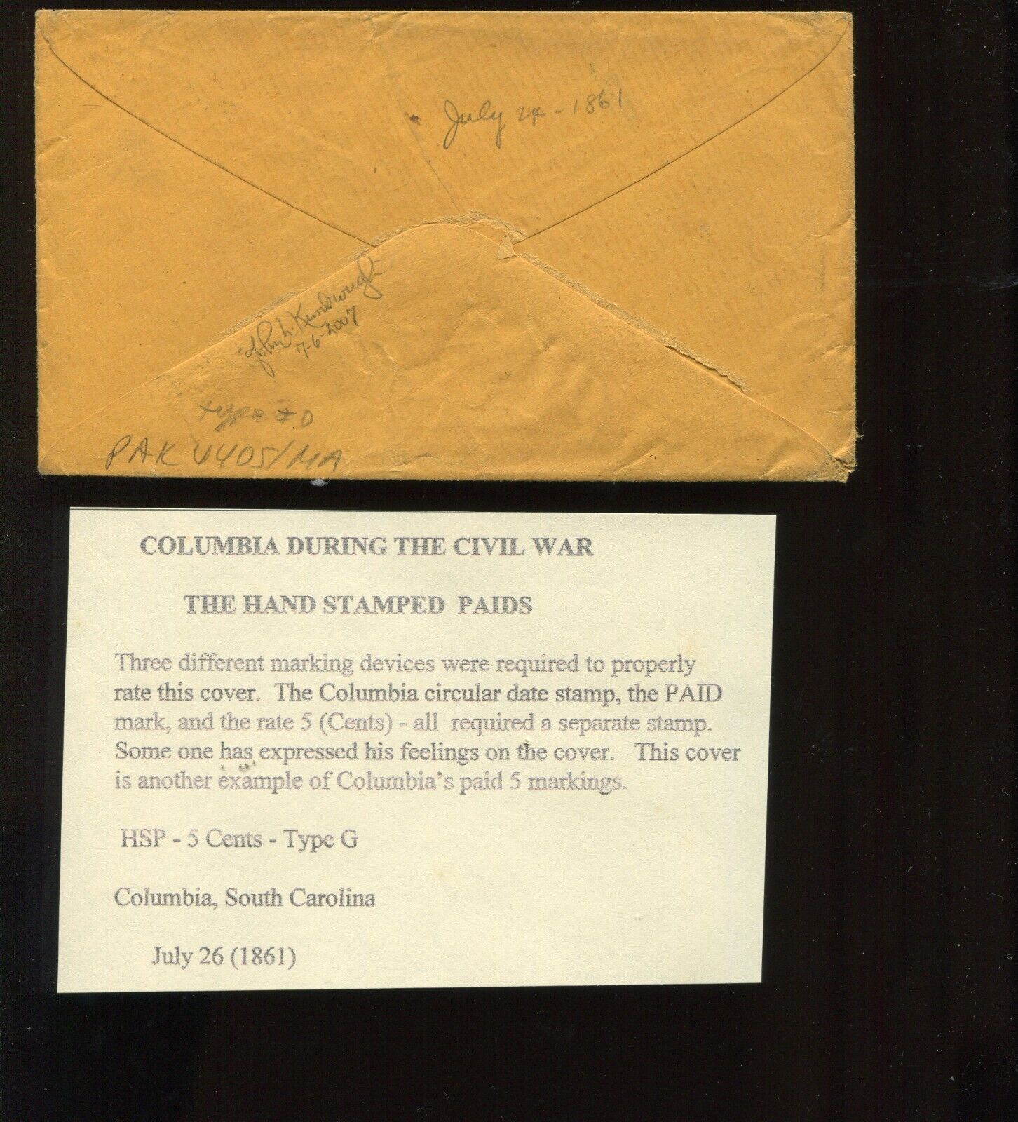 Confederate Columbia South Carolina Stampless 'PAID 5' Cover CSA CV ...