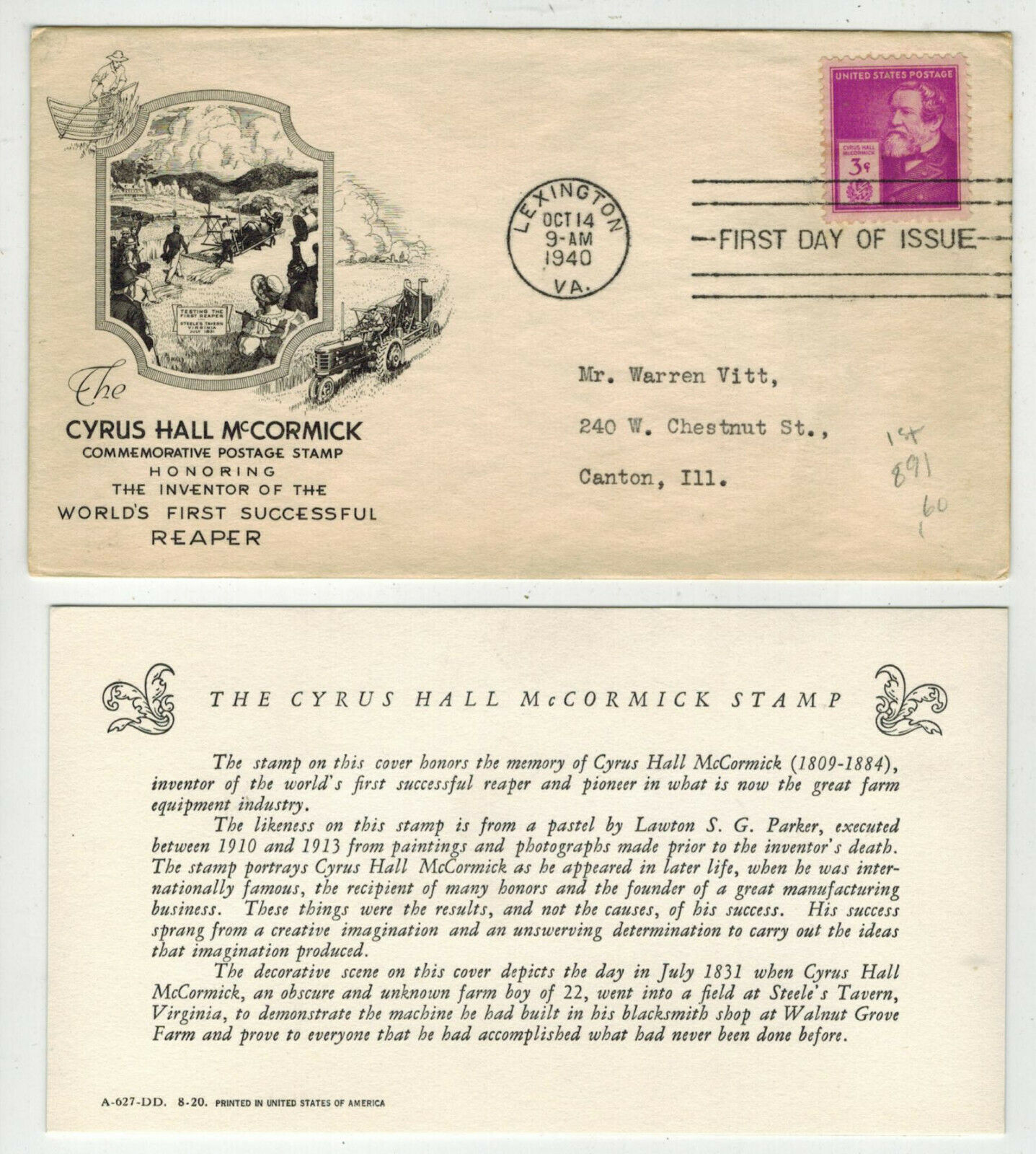 1940 Famous Americans 891 CYRUS McCORMICK 1st INTERNATIONAL HARVESTER ...