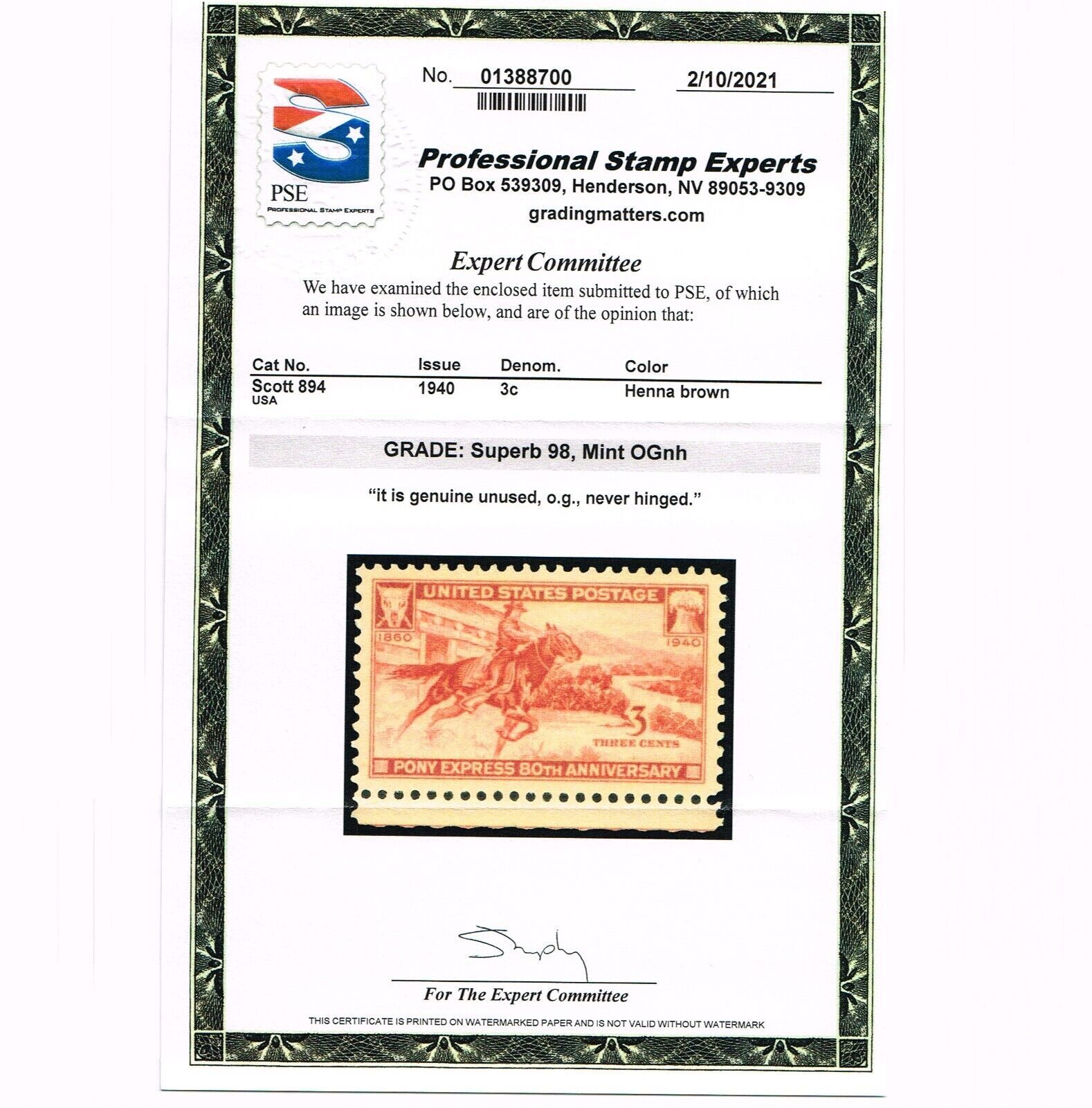 Exceptional Genuine Scott #894 Mint Pristine OG NH PSE Cert Graded ...