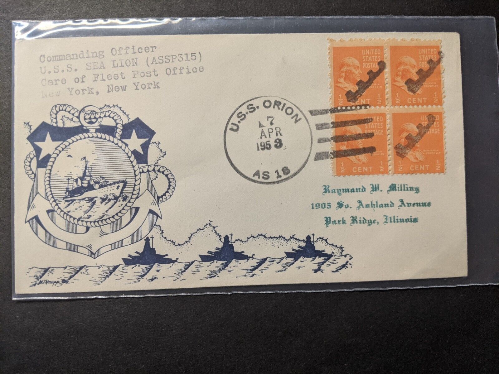 Submarine USS SEA LION ASSP-315 Naval Cover 1953 KNAPP Cachet USS ORION ...