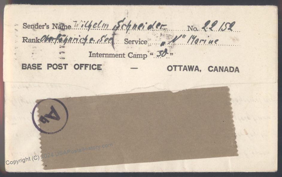 Canada 1943 WWII POW Camp 30 Ottawa Kriegsmarine Airmail Cover Germany ...