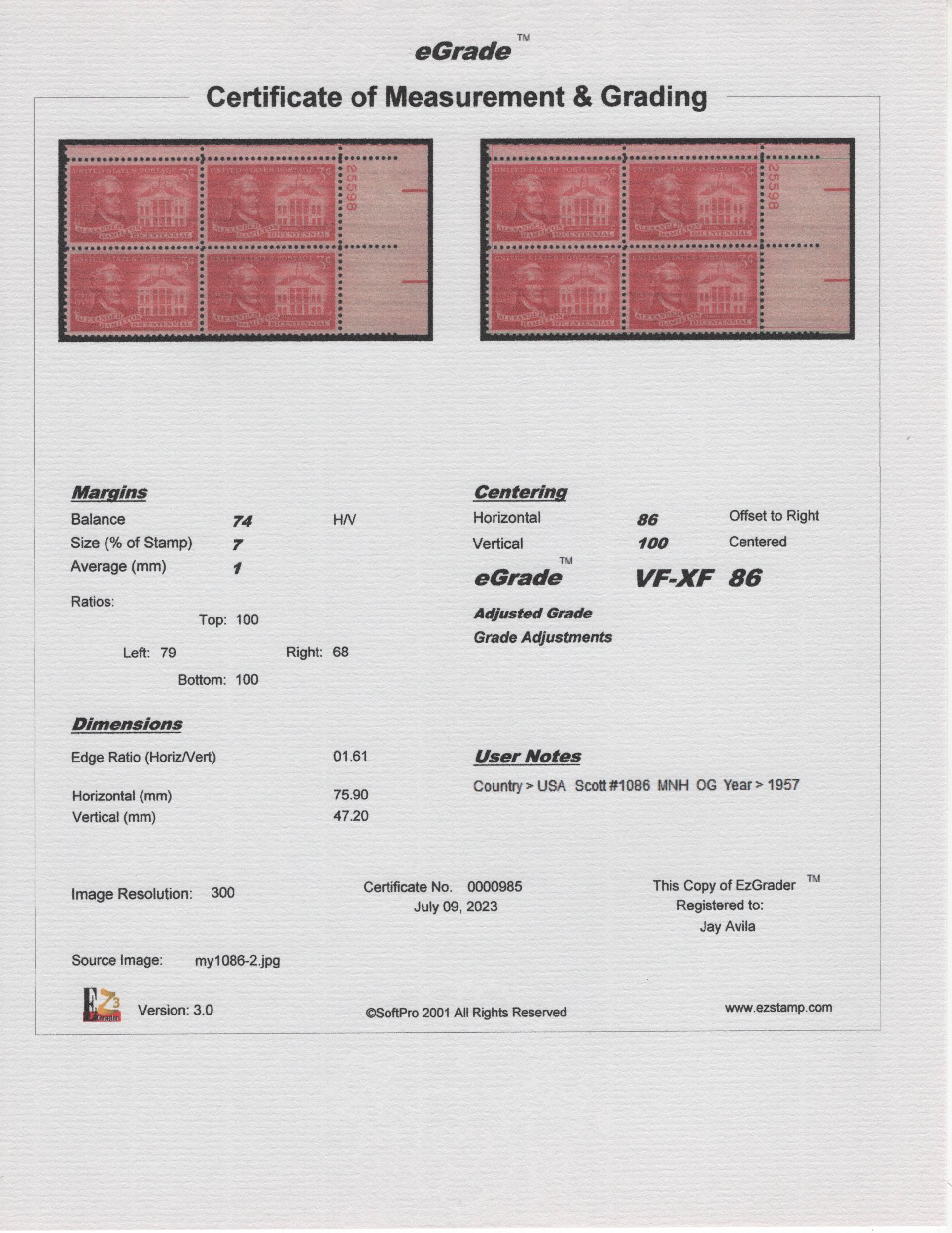 Scott #1086 MNH OG "Hamilton/Federal Hall" Plat Block UR #25598 eGrade ...