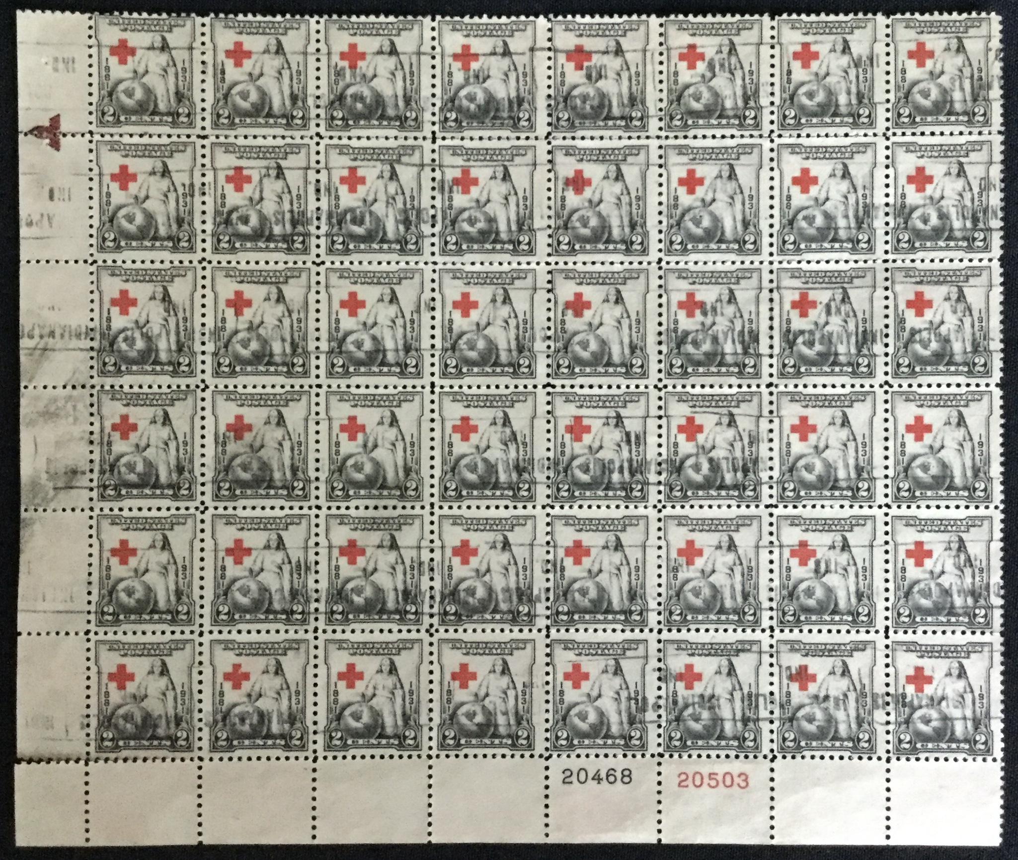 US #702 Used Block of 48 Red Cross w/perf sep on lower stamp only L28 ...