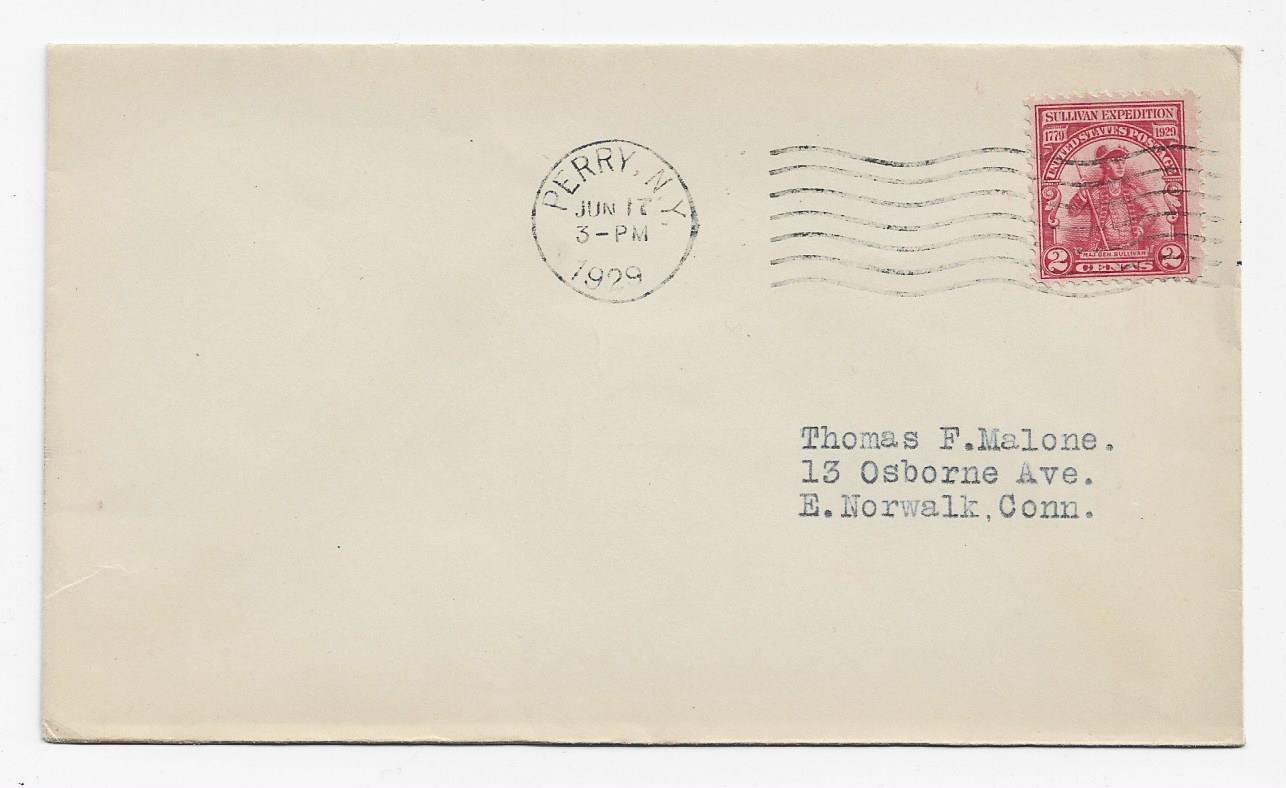 US 657 2c Sullivan Expedition single on FDC Perry NY No Cachet ECV $15. ...
