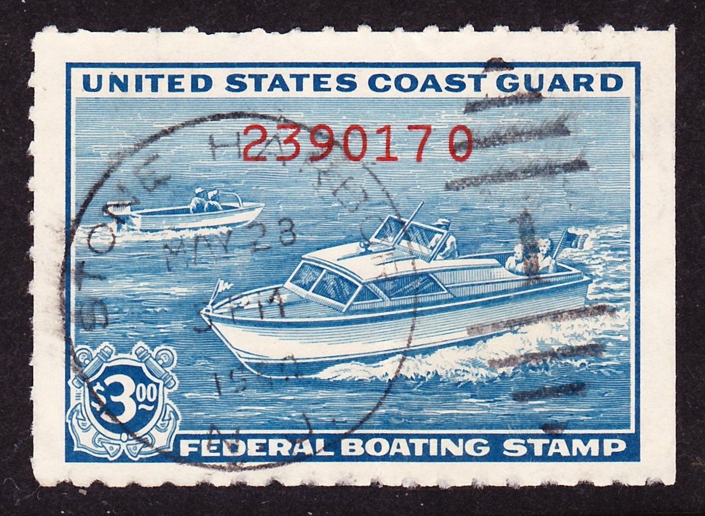 Scott RVB2, Used, $3 Federal Boating Stamp, Crease and Thin Spot ...