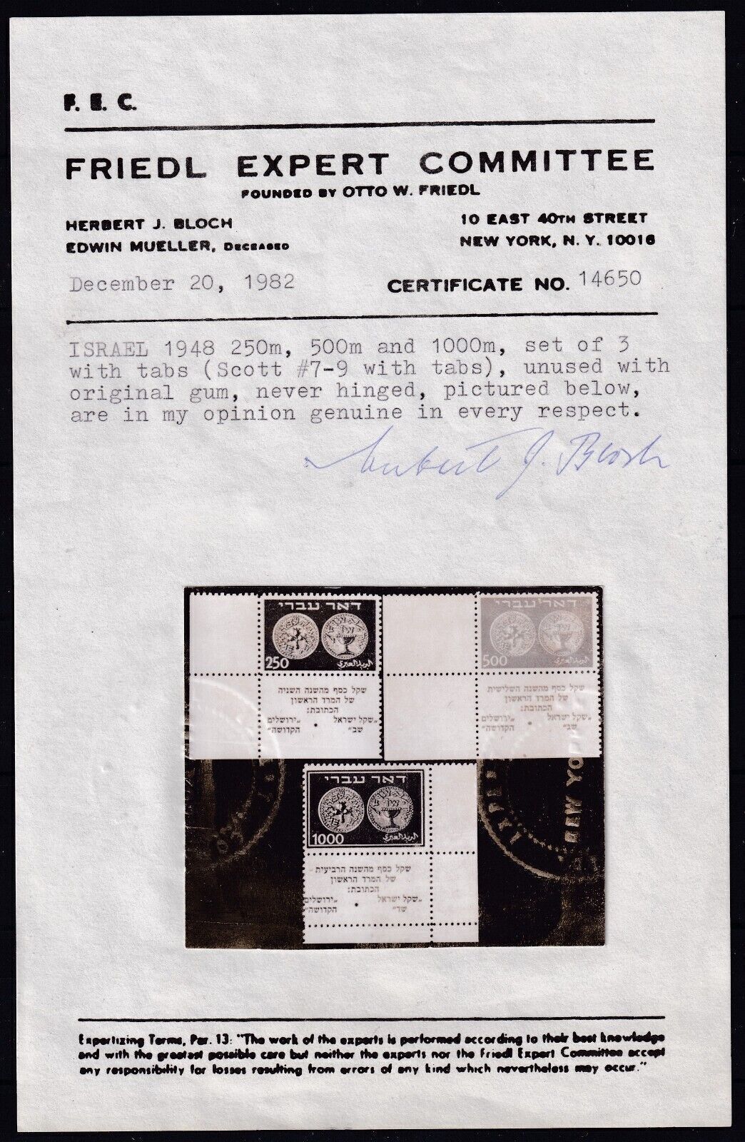 Israel Sc# 7 / 9 Doar Ivri "Judean Coin" 1948 MNH set with tabs $5,250. ...