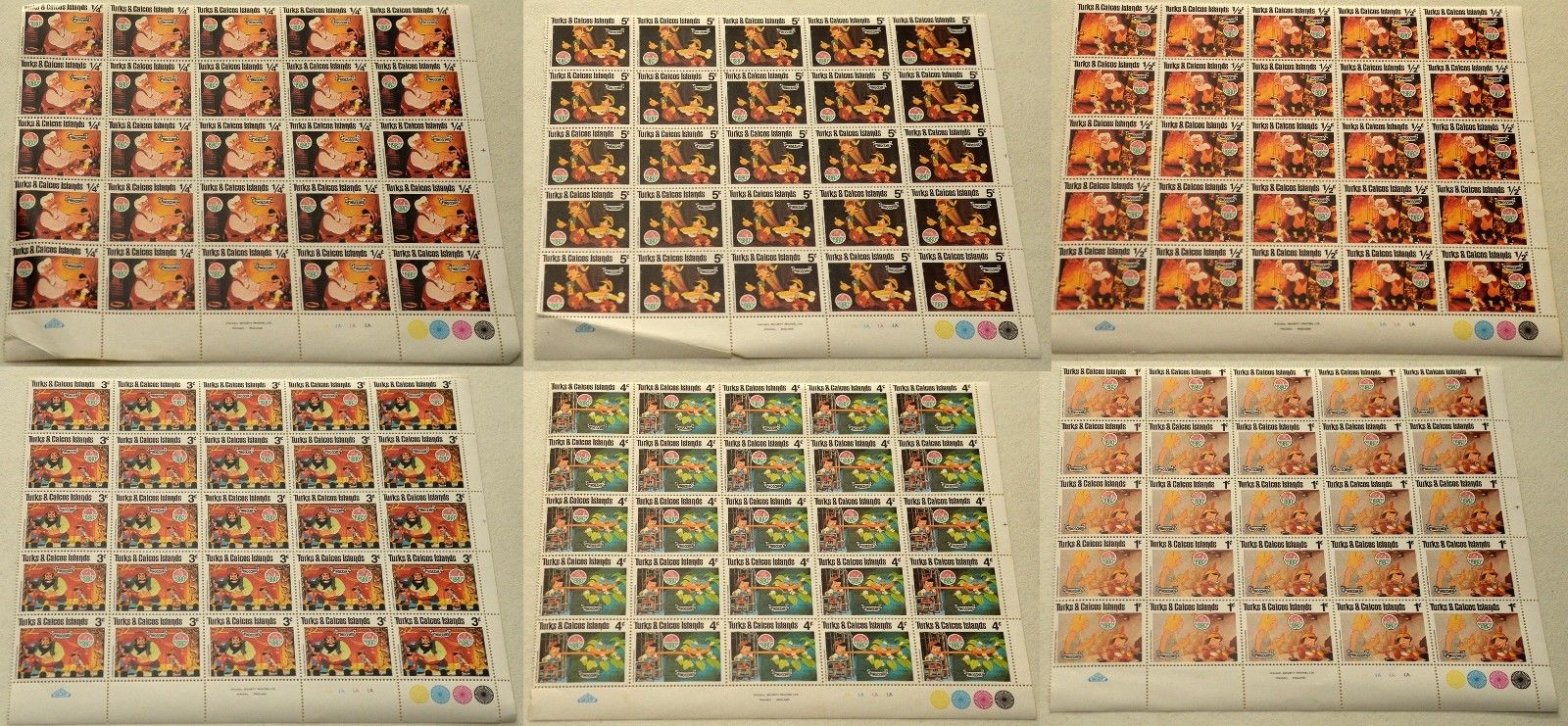 6 TURKS & CAICOS ISLANDS DISNEY PINOCCHIO Stamps Postage Blocks ...