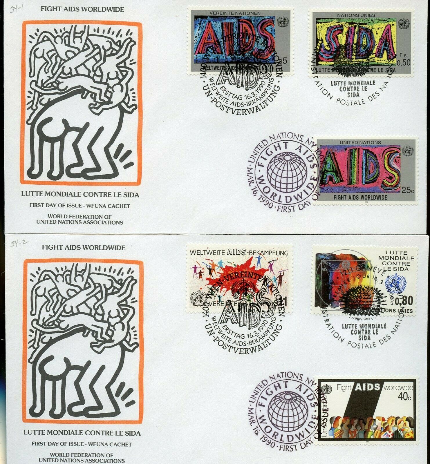 United Nations Wfuna 1990 Aids 3 Sets on 2 Fdcs Cachet Design by Keith ...
