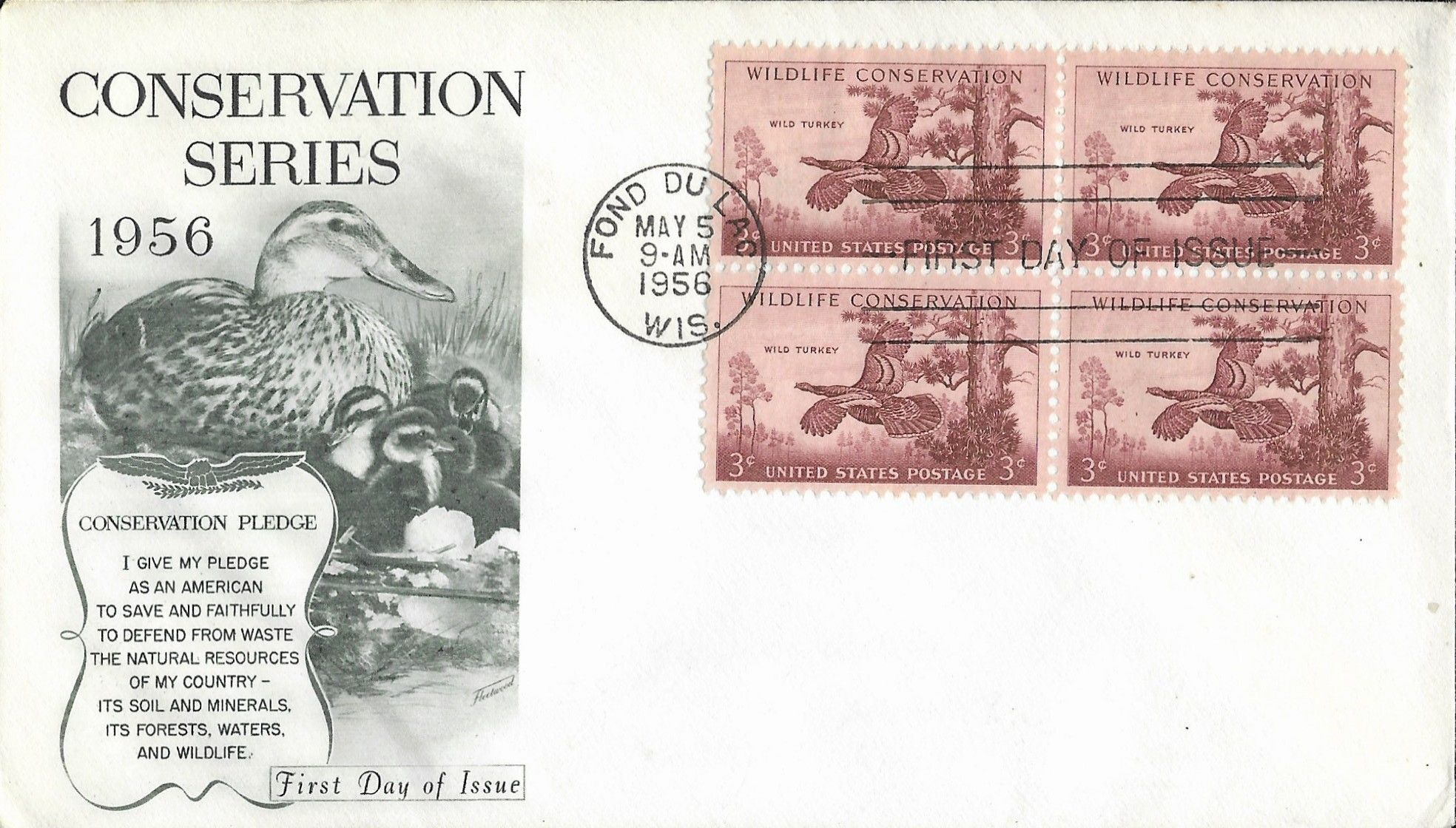 1956 FDC, #1077, 3c Wildlife Conservation, Fleetwood, plate block of 4 ...