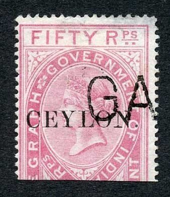 Ceylon Telegraph SGT9 Ceylon on India 50r rose-carmine RARE only 100 ...