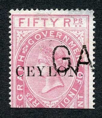 Ceylon Telegraph SGT9 Ceylon on India 50r rose-carmine RARE only 100 ...