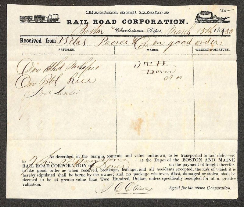 Boston & Maine Railroad Corporation Billheads & Massachusetts MAP (1847 ...