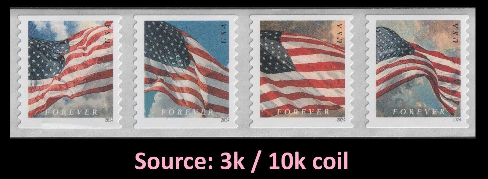 US Flag forever coil strip 4 APU (4 stamps from 3k/10k coil) MNH 2024 ...