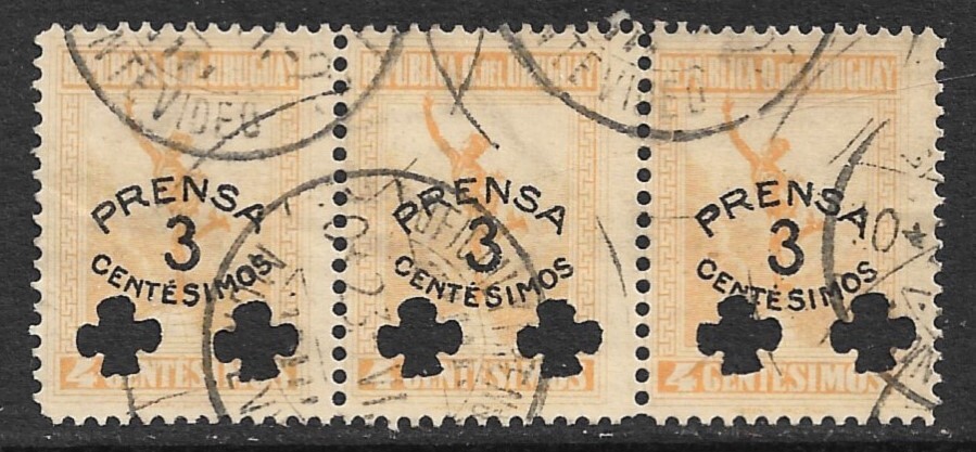 URUGUAY 1922 3c on 4c NEWSPAPER Stamp Strip of 3 Sc P1 VFU Cross Punch ...