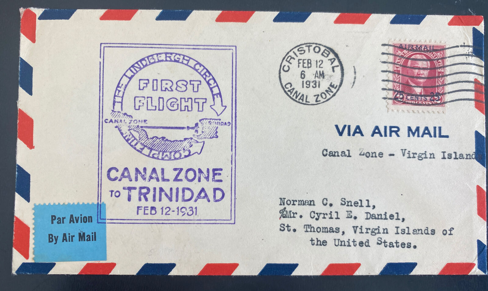 1931 Cristobal Canal Zone First Flight Airmail FFC Cover To Virgin ...