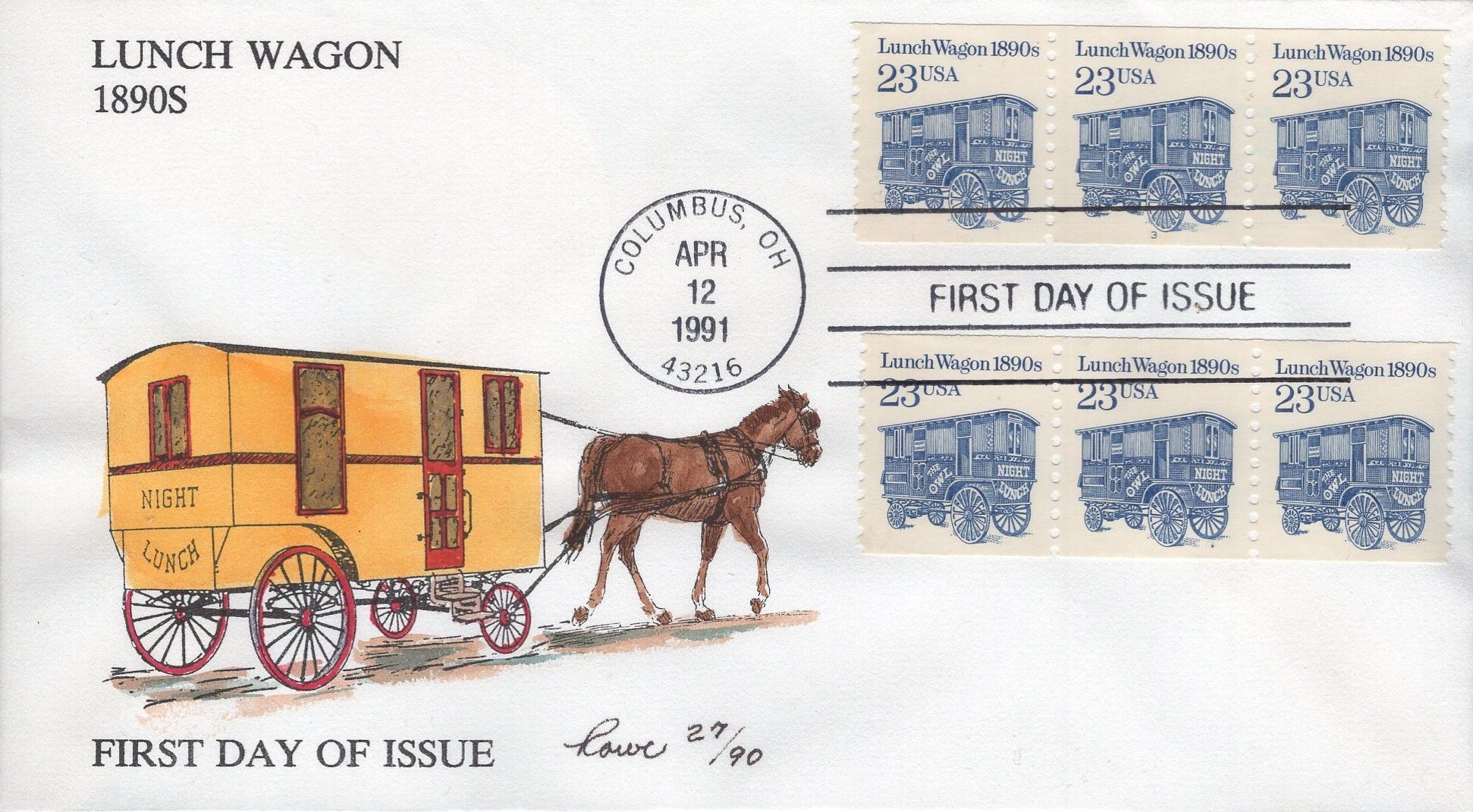 Robert Rowe Hand Painted FDC for the 1991 23c Lunch Wagon ...