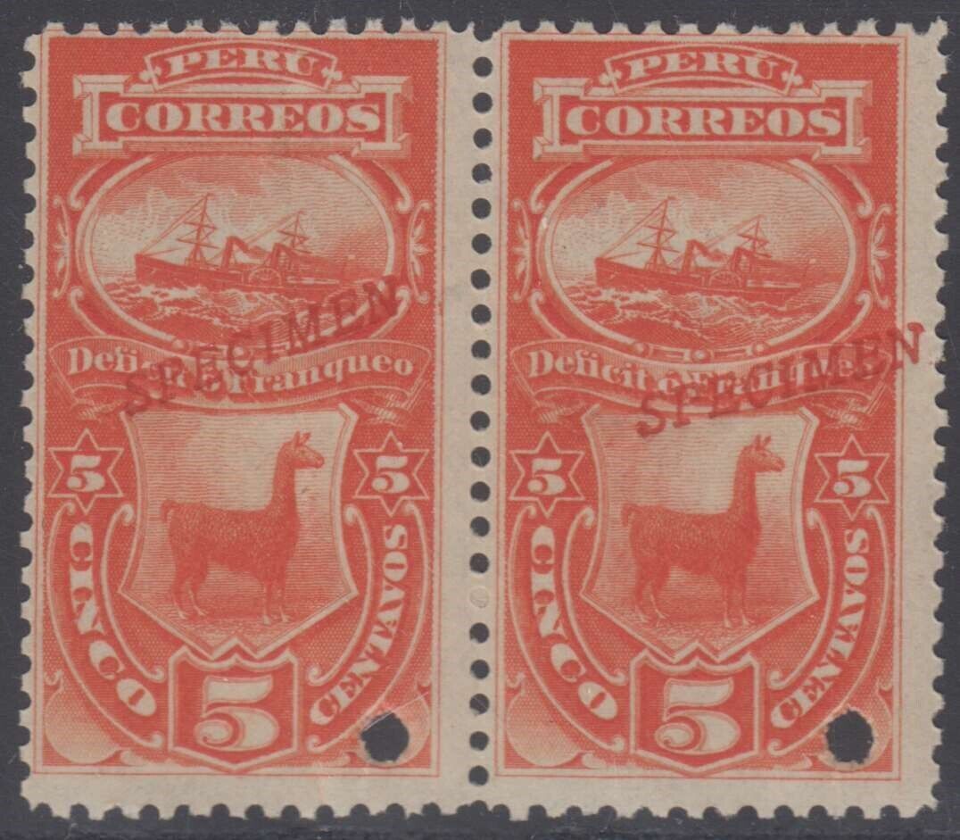 Peru 1902-07 Postage DUE Sc J2a Pair, Perf Proof + "Specimen" MNH Llama ...
