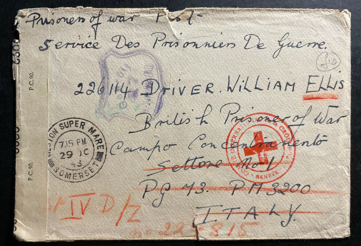 1943 Somerset England to Italy Prisoner of War POW Seltone Camp Cover W ...
