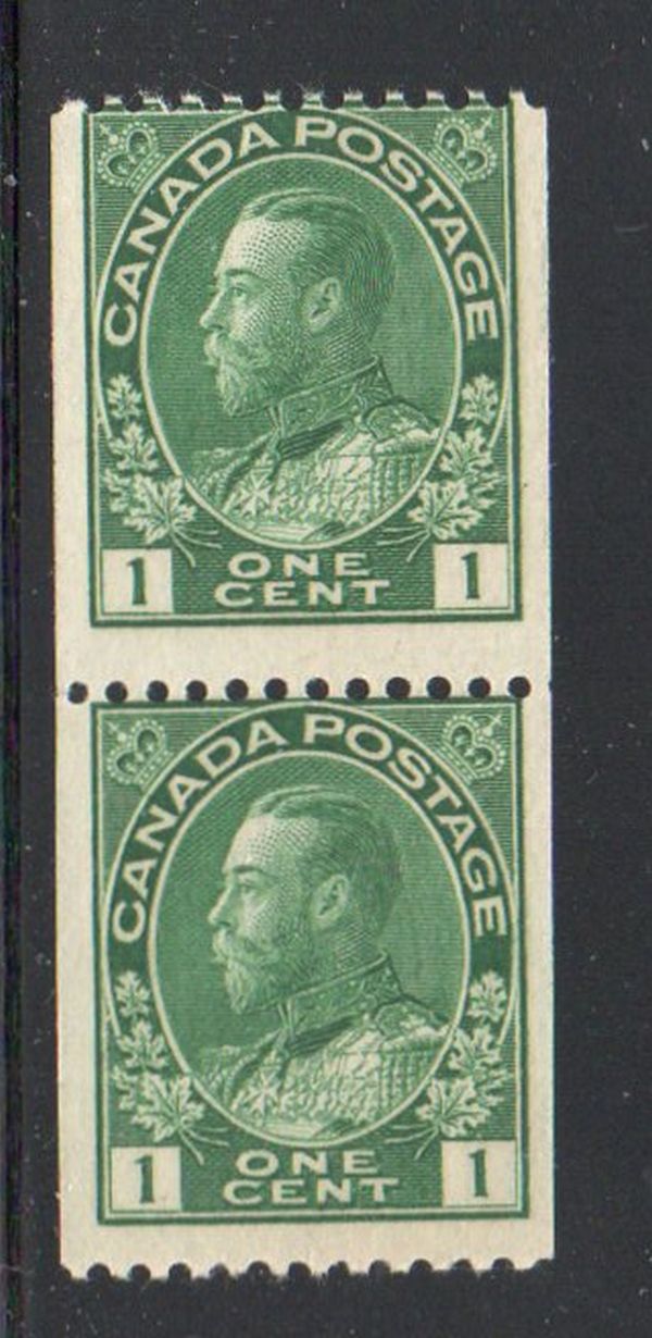 Canada Sc 131 1915 1 c deep green GV Admiral coil stamp pair mint NH ...