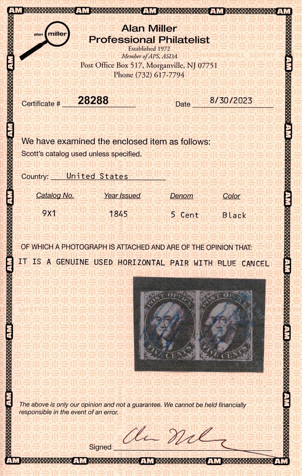 USAstamps Used FVF US 1845 Provisional Pair Scott 9x1 +Cert SCV $1,400 ...