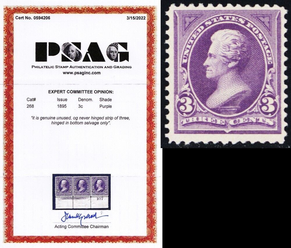 268, Mint VF NH 3¢ - NICE FRESH STAMP! PSAG Certificate - Stuart Katz ...