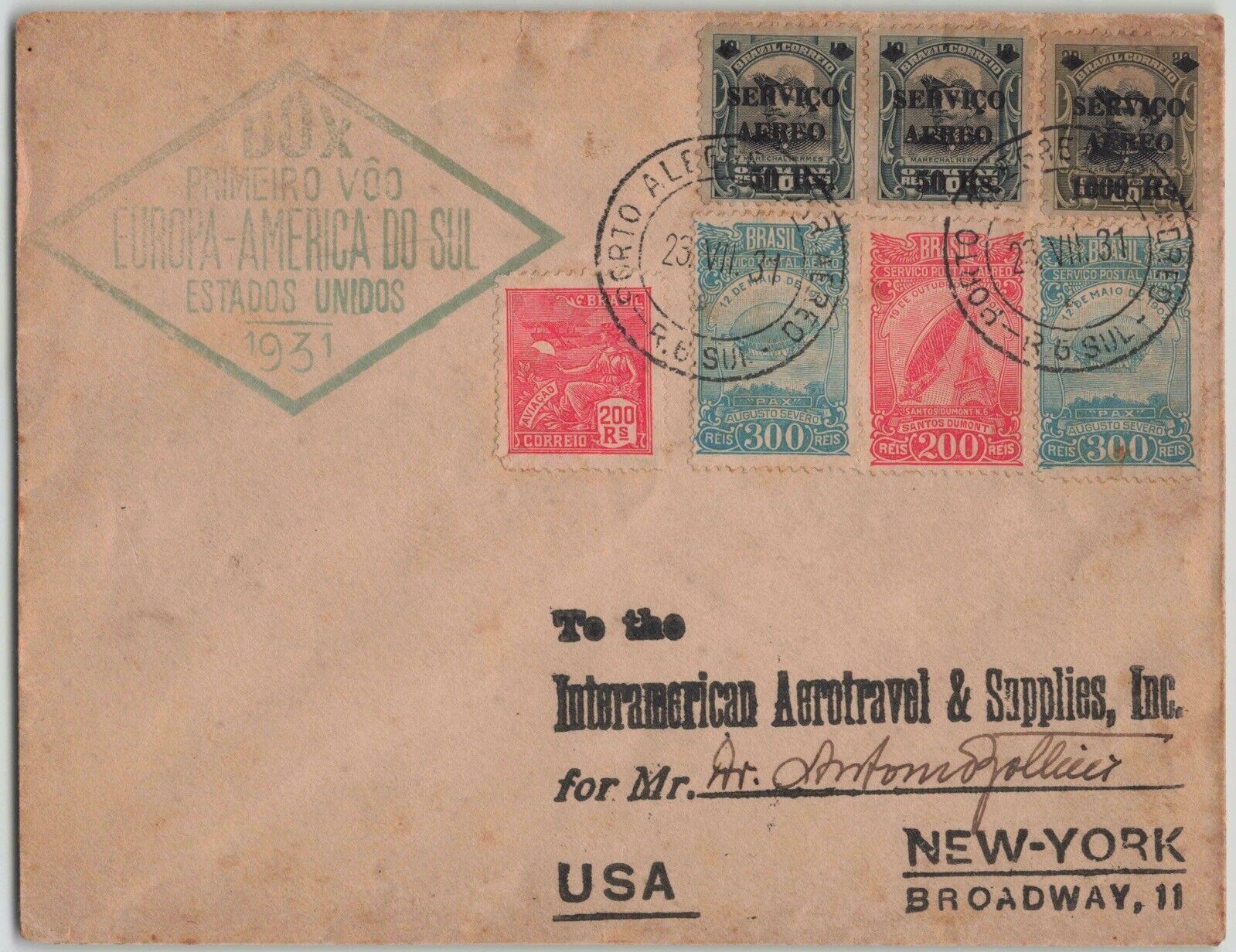 Brazil 1931 DOX First Flight Cover FFC Porto Alegre to New York USA ...