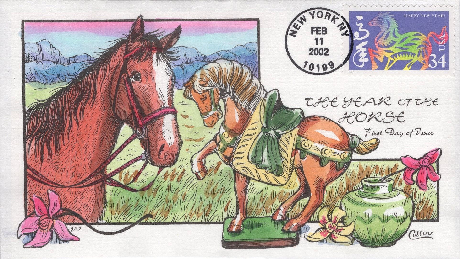 Fred Collins Hand Painted FDC for the 2002 34c Lunar New Year of the ...