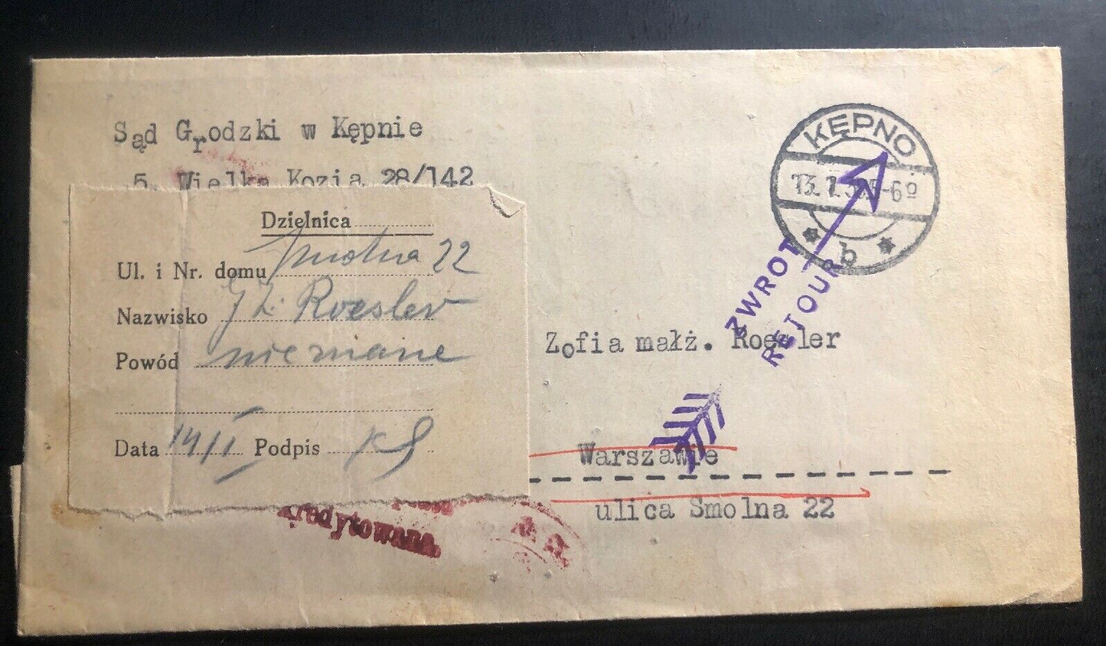 1938 Kepno Poland Official Letter sheet Cover To Warsaw Poland | Europe ...