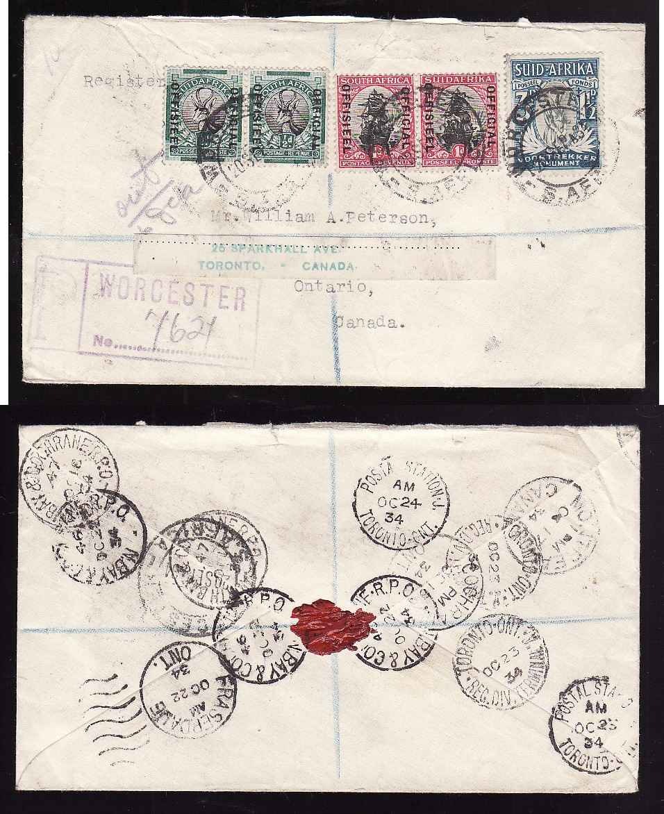 South Africa cover #14296-Worcester 20 SE 1934-reg'd to Canada-Official ...