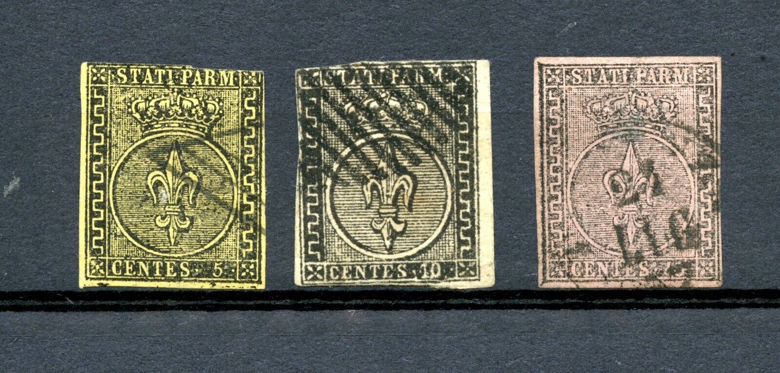 Italy-Parma #1-3 (I372) Crown & Fleur-de-lis, Imperf, U, F, F-VF, CV ...
