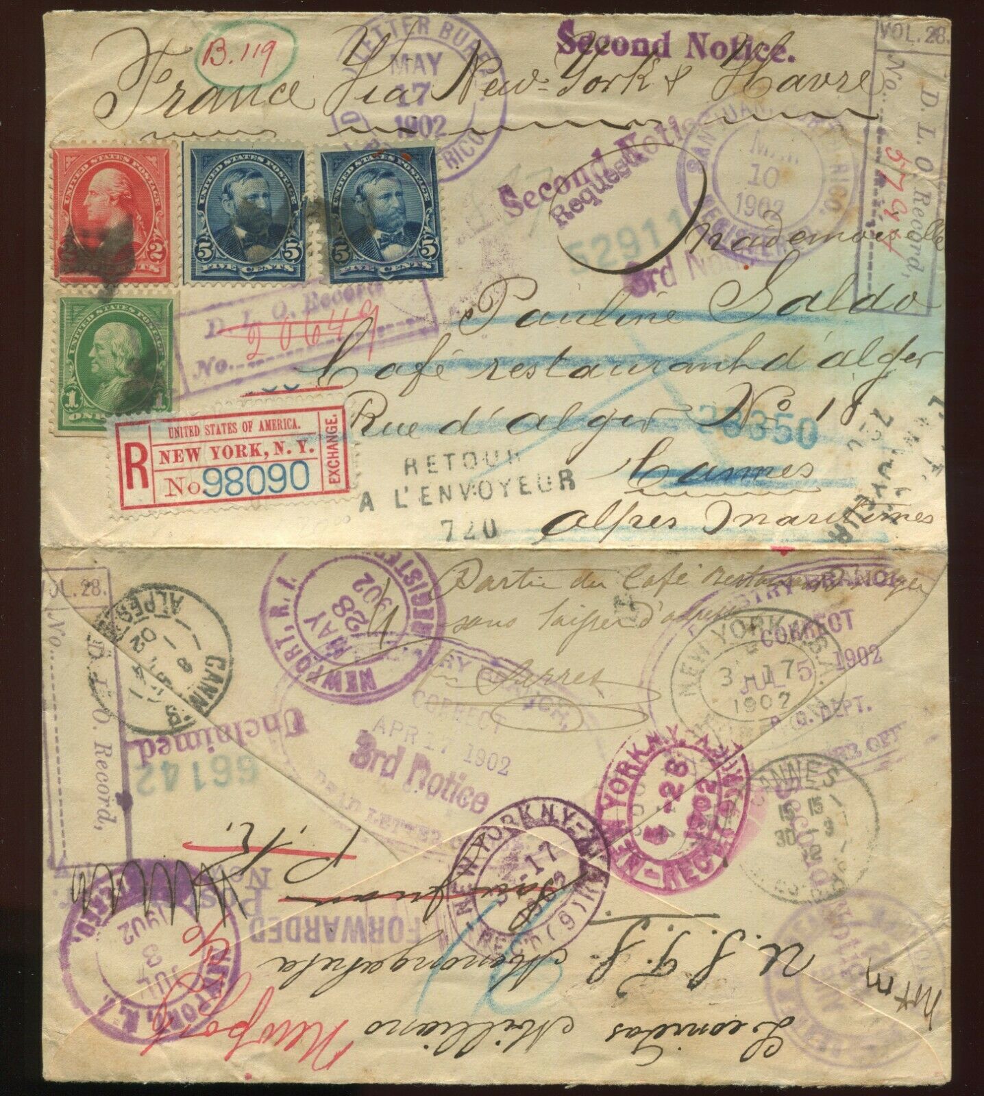 1902 3 Color Reg Cover Puerto Rico to France w/20+ Markings & Dead ...