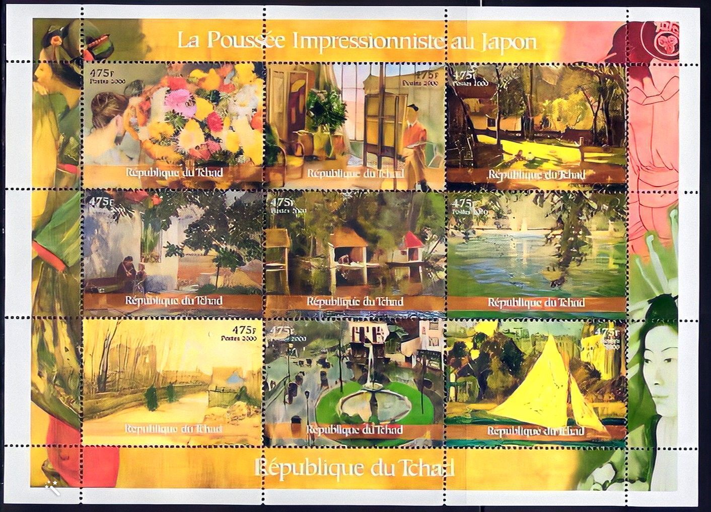 Chad 2000 JAPANESE IMPRESSIONISTS PAINTINGS Sheetlet (9) Perforated MNH ...
