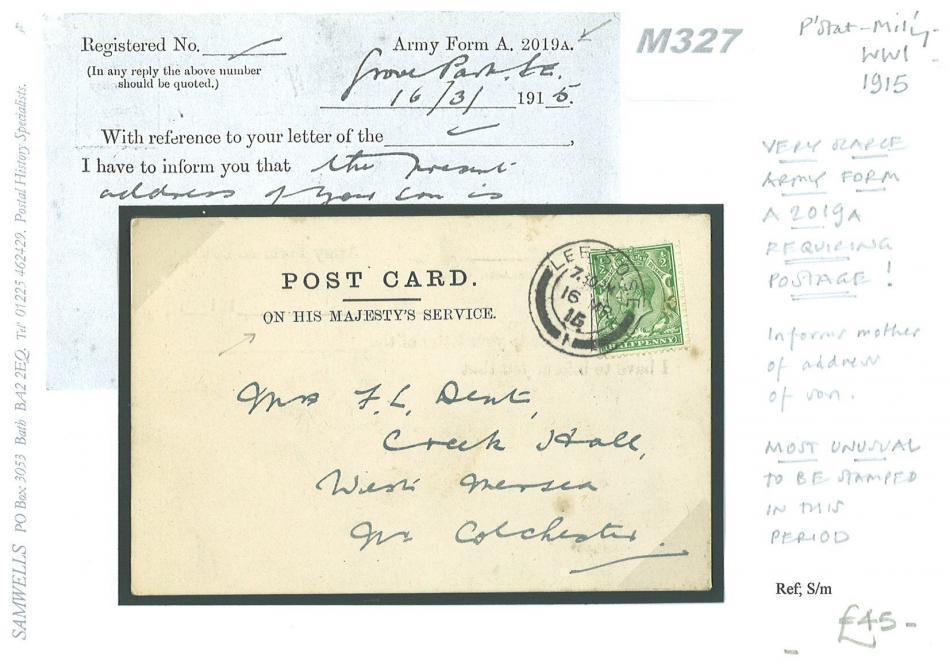 WW1 OHMS Army Form Postcard 1915 Grove Park Lee (Essex) West Mersea ...