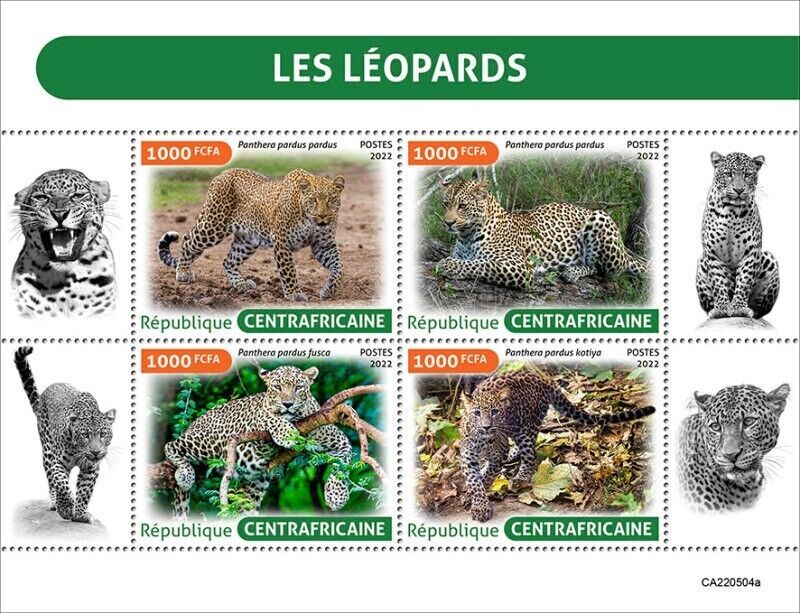 Central Africa - 2022 Leopard, African, Indian - 4 Stamp Sheet ...