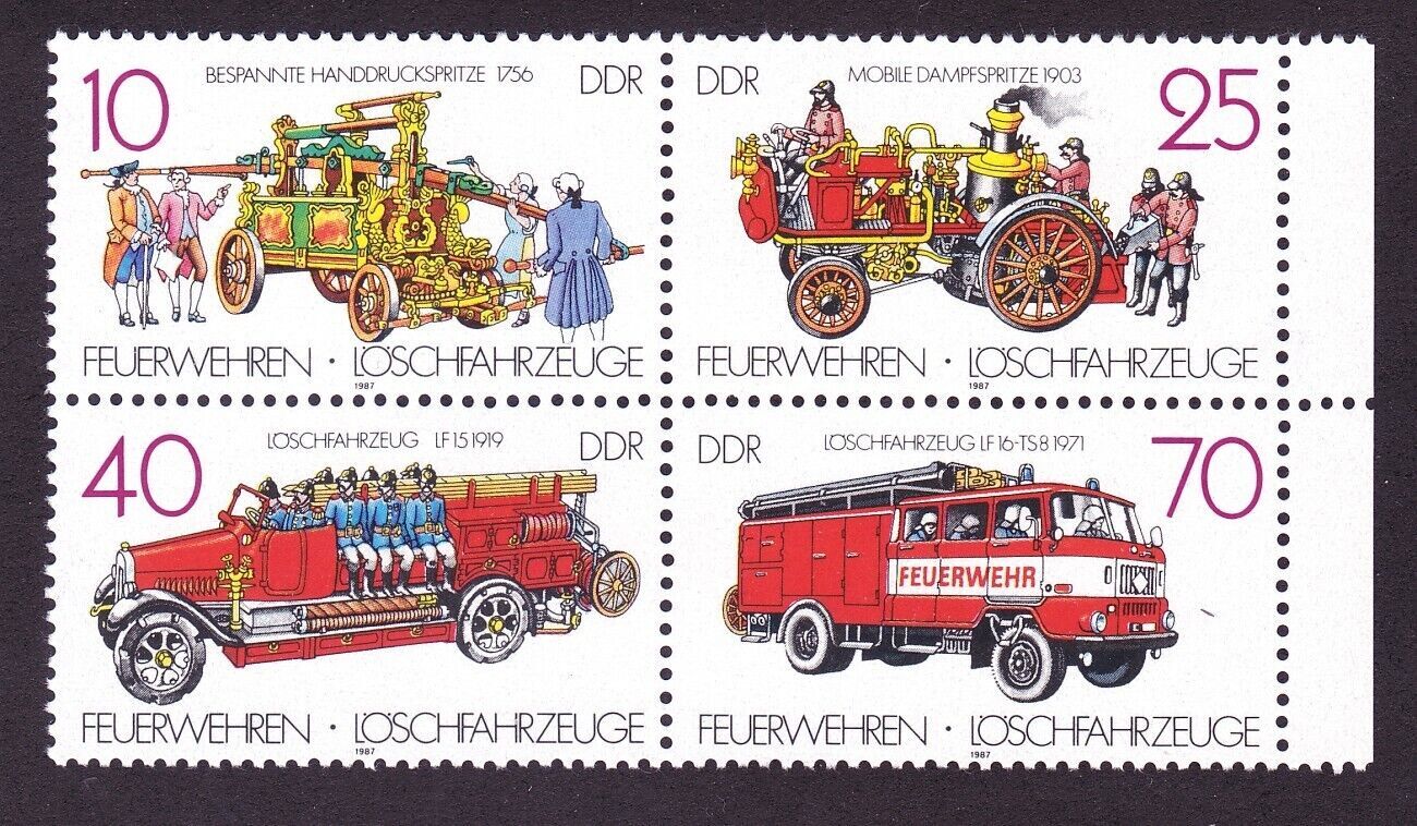 Germany DDR 2616a MNH 1987 Various Early Fire Engines Block of 4 VF ...