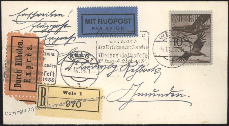 Austria 1938 Ostmark Wels Mi612 10S Flugpost Airmail Cover Registered ...