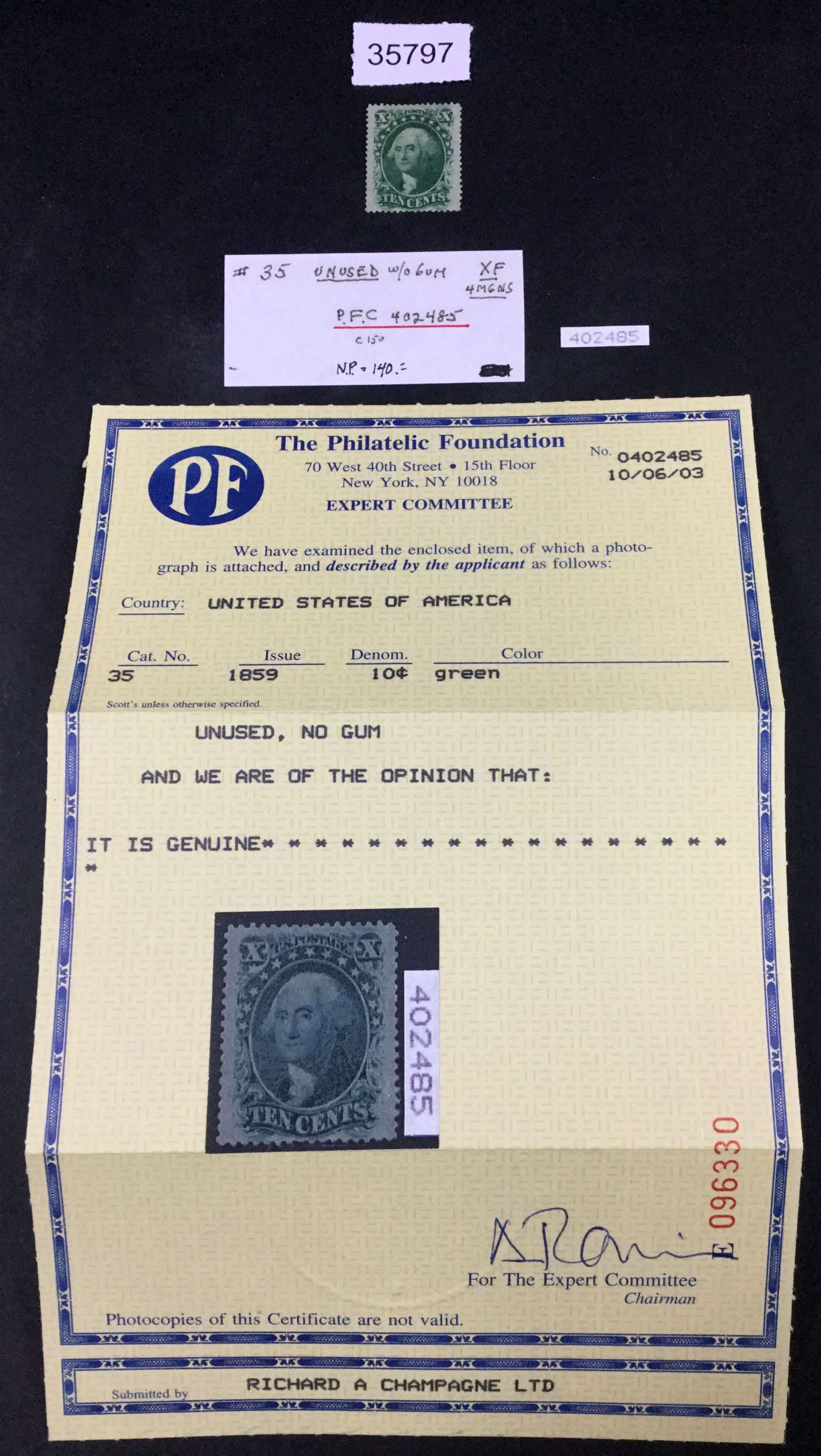 US Stamps #35 Unused NO GUM **Pf Cert** LOT #35797 | United States ...