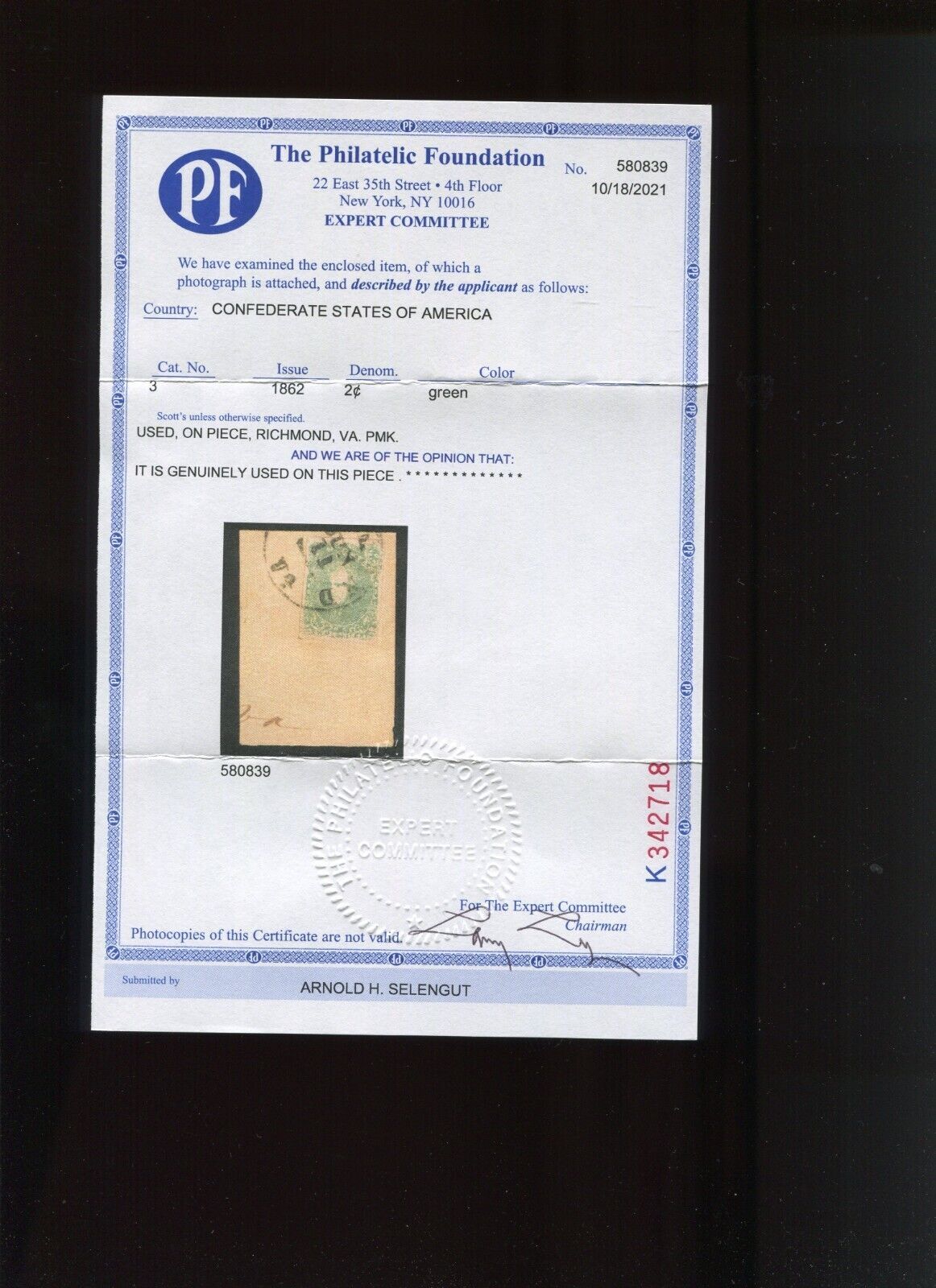 Confederate States 3 Jackson Used Stamp on Piece with PF Cert Bz1321 ...