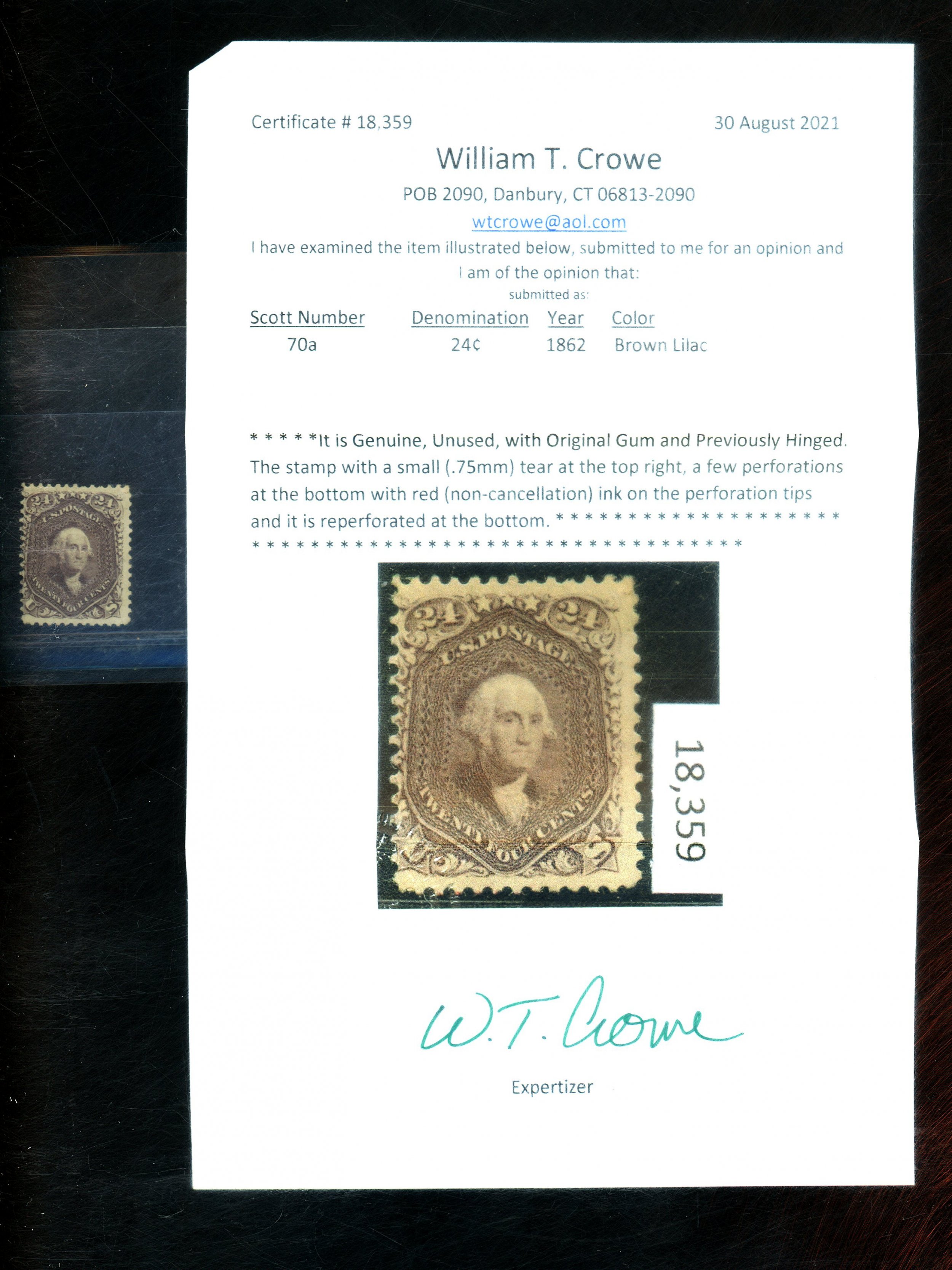70a Mint Crow Cert FVF OG LH Very Tine Tear Reperfed Cat $3250 | United ...