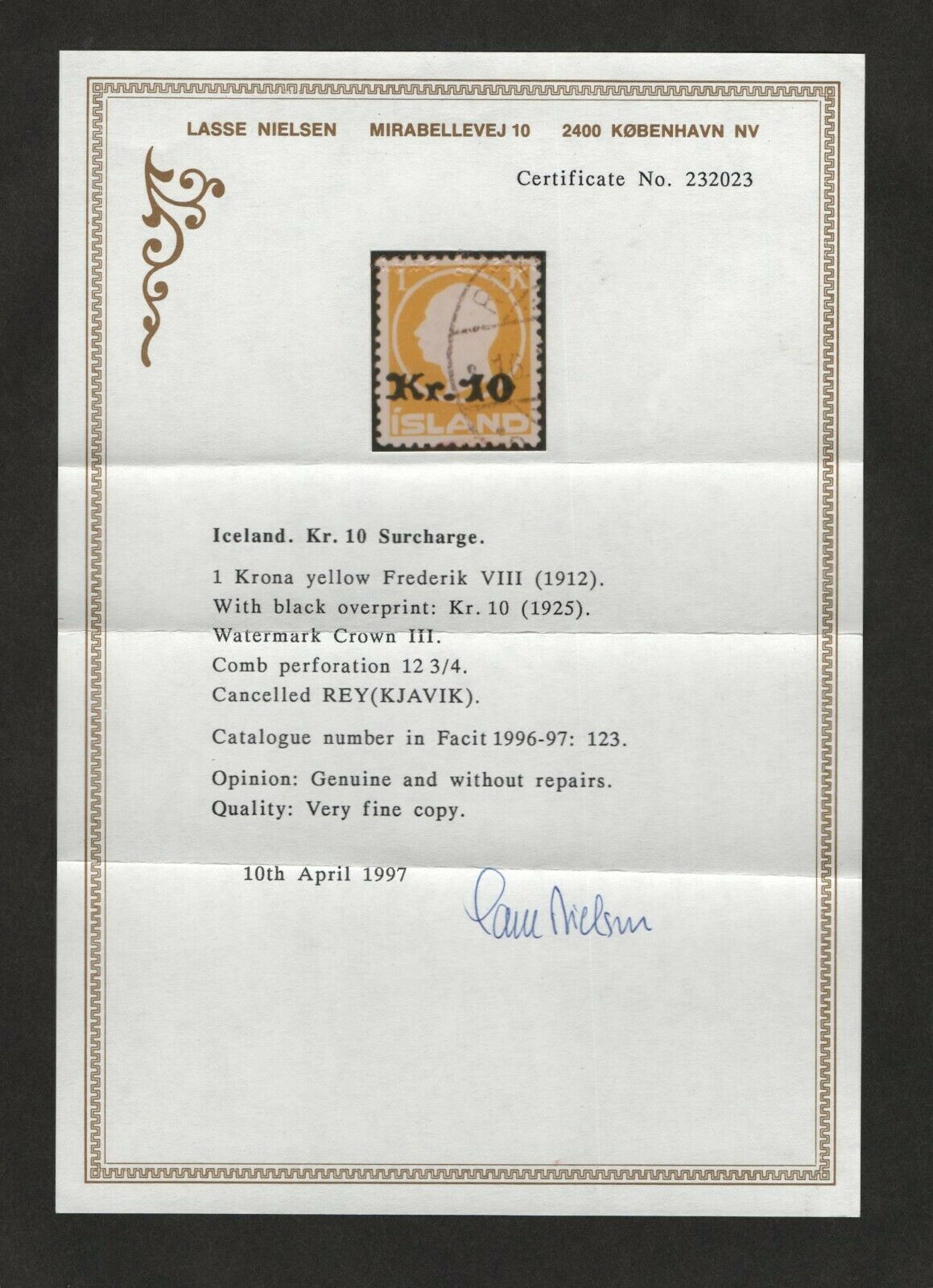 $Iceland Sc#141 used VF Nielsen Cert. Facit #123, Cv. $625 | Europe ...