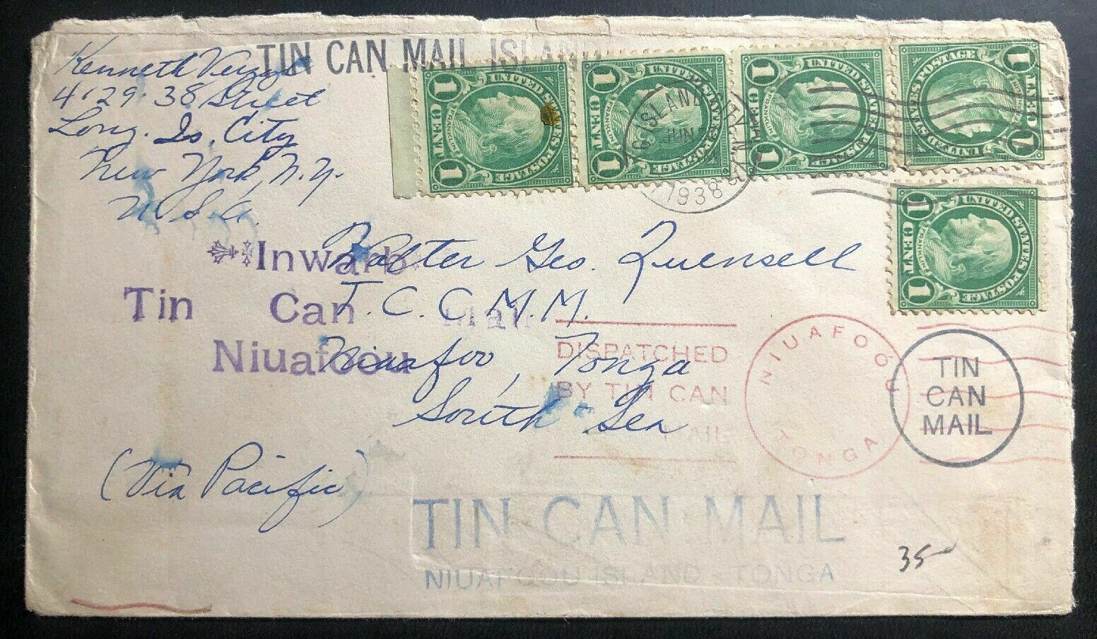 1938 Long Island City NY USA To Niuafoou Tonga Toga Tin Can Canoe Mail ...