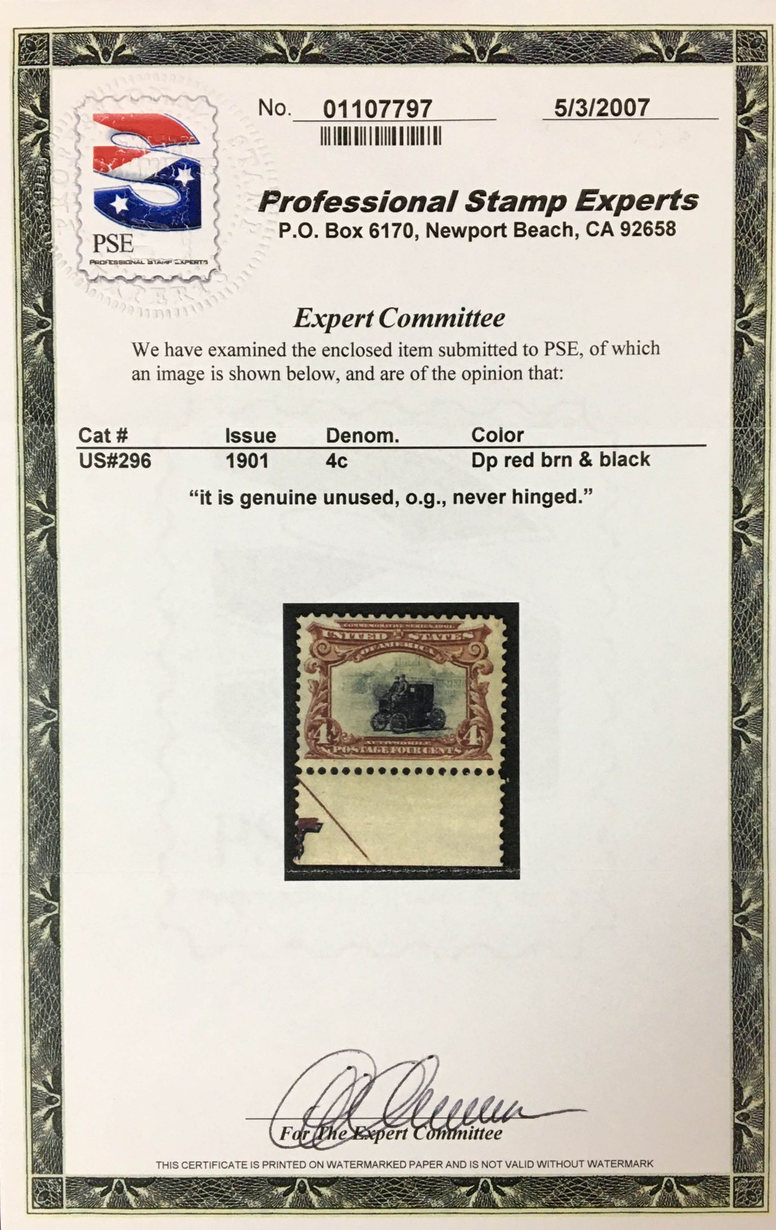 US Stamps # 296 Mint OG NH VF $170 **** PSE Cert **** LOT #9408 ...