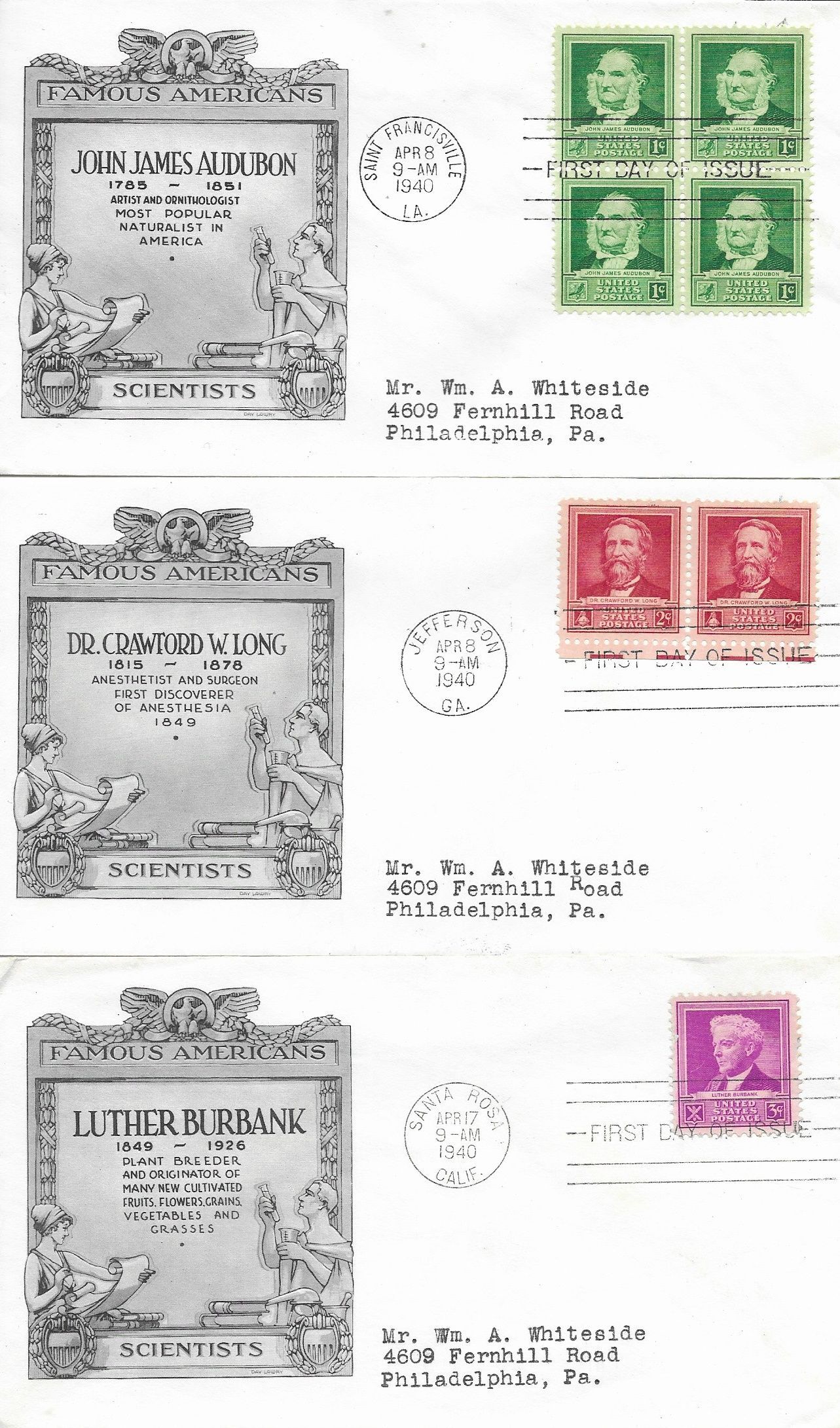 1940 FDC, #889-893, 1c-10c Famous American Inventors, Aristocrats-Lowry ...