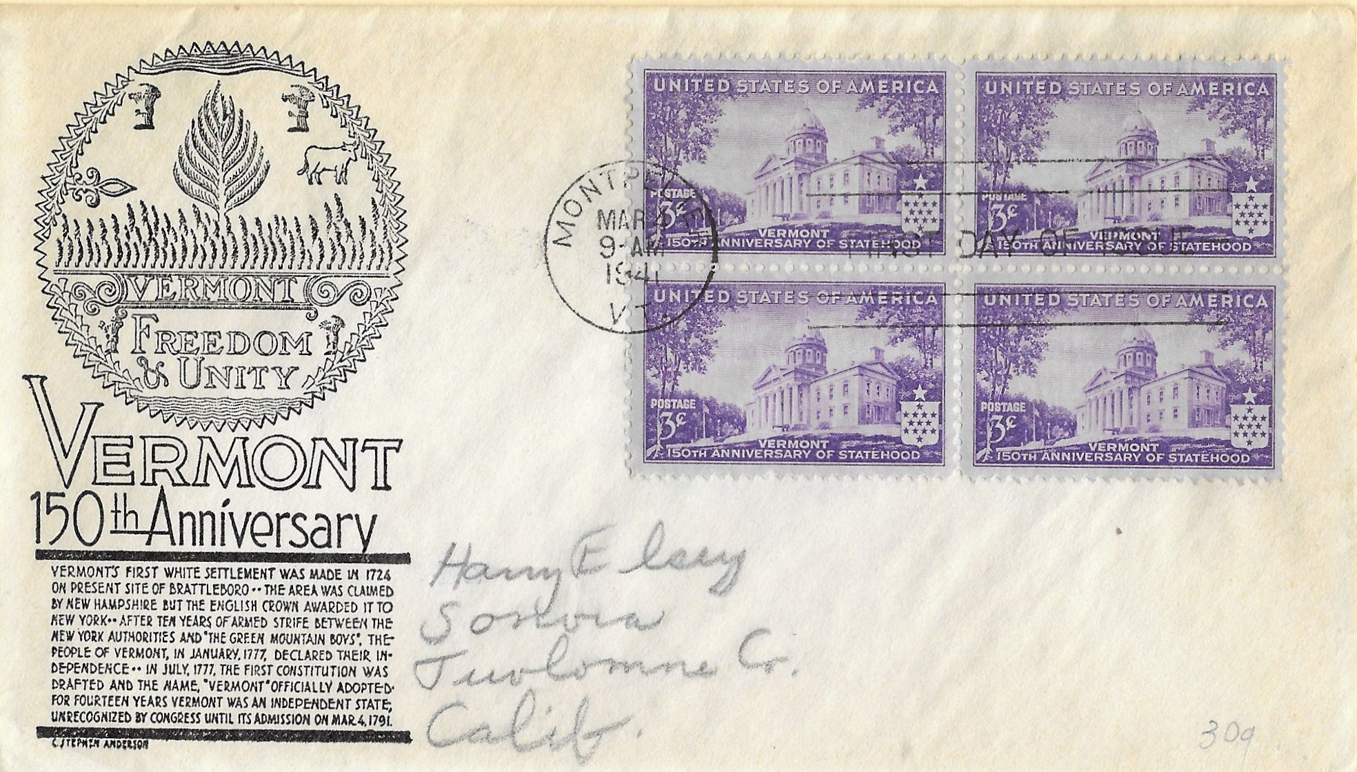1941 FDC, #903, 3c Vermont 150th, Anderson, block of 4 | United States ...