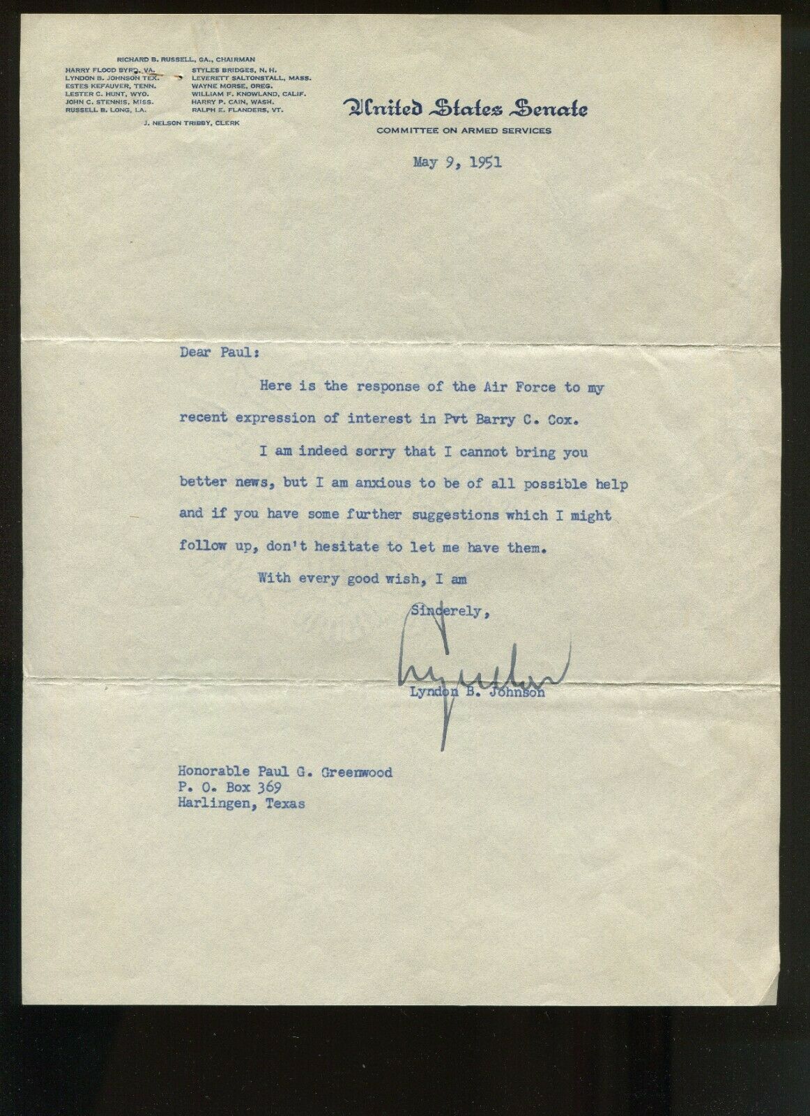 PRESIDENT LYNDON JOHNSON Signed 1951 Letter on United States Senate ...