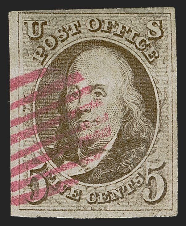 US Stamps # 1 5c Franklin Imperf Used Magenta Cancel CAT. $700 LOT ...